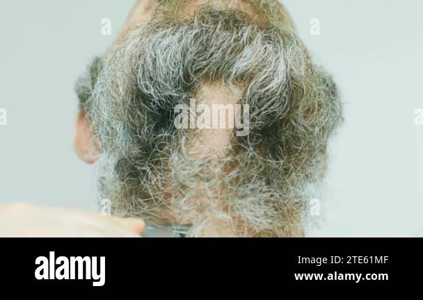 A man shaves off his long gray beard with an electric razor. Beard ...