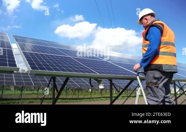 Man assembles solar panels at a power plant. process of fixing solar ...