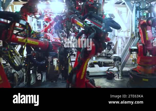 Robotic machine, Red Robotic Arm. Machines work. Automated plant ...