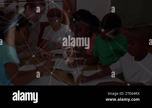 Animation of networks of connections and numbers over diverse schoolchildren and teacher. global ...
