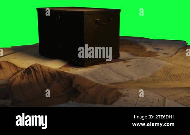 animation of old wood box over old map and documents on green screen ...