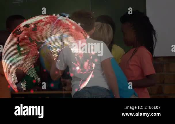 Animation of digital globe over diverse and schoolchildren reading ...