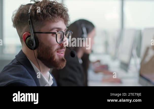 Close Up Portrait of a Technical Customer Support Specialist Talking on ...