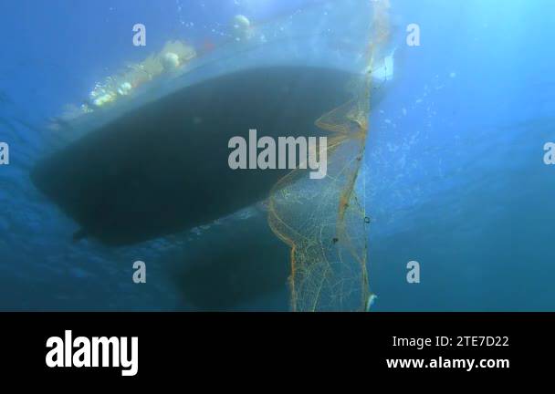 4K.Caught fish in the net hanging from the boat under the sea ...