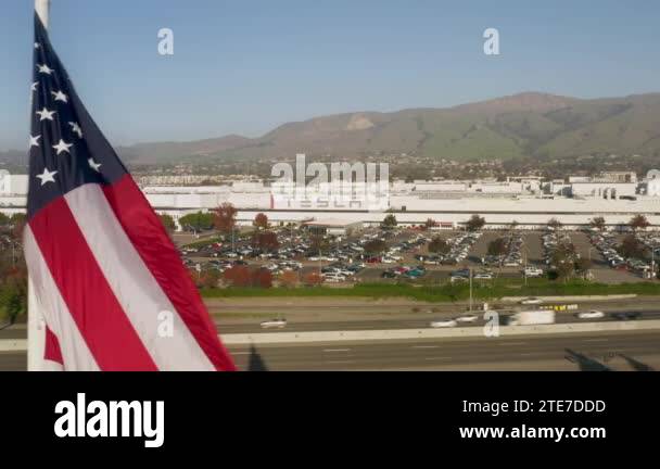 Tesla zero emission concept world famous company, USA Flag waving ...