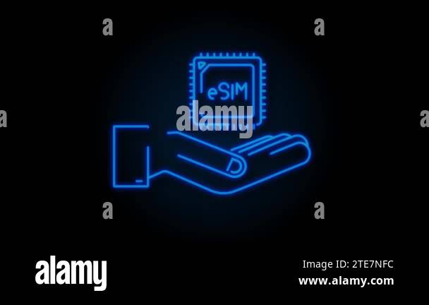 Neon 5G eSIM Embedded SIM card with hands icon symbol concept. new chip ...