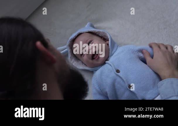 Authentic Bearded Long-haired Young Neo Father And Newborn Baby Looking ...