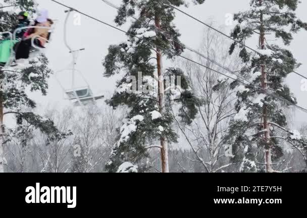 Russia, St. Petersburg, 06 January 2022: Cable way in ski resort. Ski ...