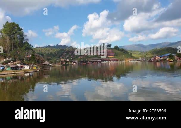 Pan view of Mae Hong Son, Thailand. Lake and resorts in Ruk Thai ...