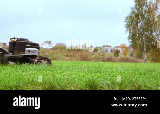 Garden red lawnmower. Low angle of side view of worker mowing lawn ...