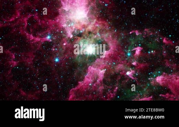 Space travel throught red cloud nebula with center glow star in deep ...