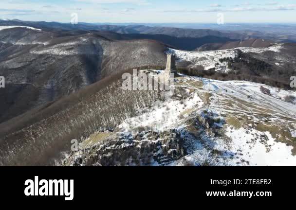 SHIPKA, BULGARIA - JANUARY 24, 2021: Aerial view of Monument to Liberty ...