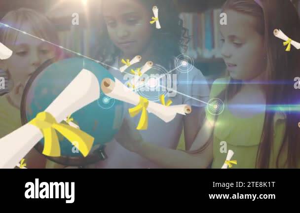 Animation of network of connections and graduation letter icons over ...