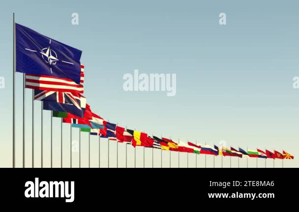 the flags of the member countries of the Nato Alliance against the sky ...