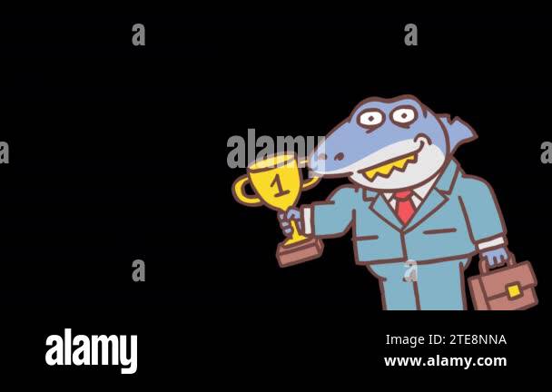 Boss shark appears on screen holding gold cup and suitcase. Frame by ...