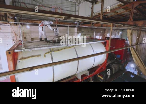 Tank truck cleaning operations. Tanker is in chemical cleaning ...