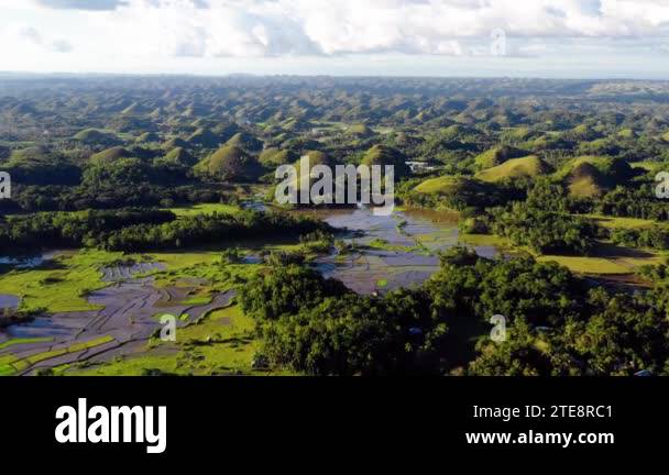 Panoramic view with a drone over Chocolate Hills of Bohol, in ...