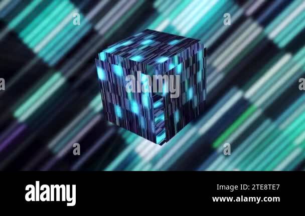 Glowing cube opens in cyberspace. Motion. Virtual 3D cube opens as ...