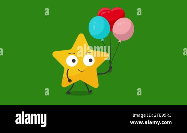 Cute star Character with birthday ballons Animation. 4K video motion ...