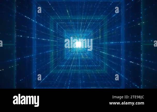 Flying into a blue digital technologic metaverse blue points tunnel. 3d ...