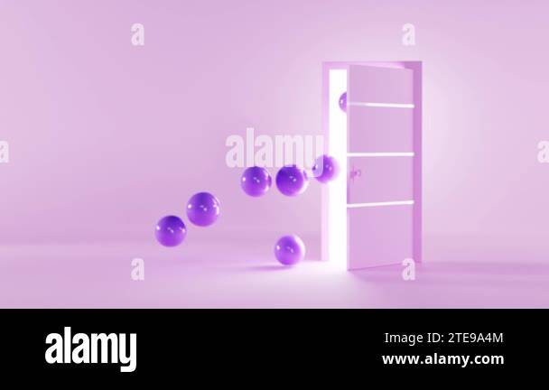 Purple balls fun jump away through open door, 3d animation. Modern ...