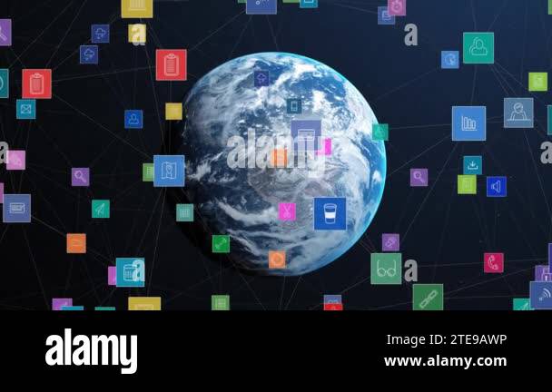 Animation of social media icons over globe and networks of connections ...