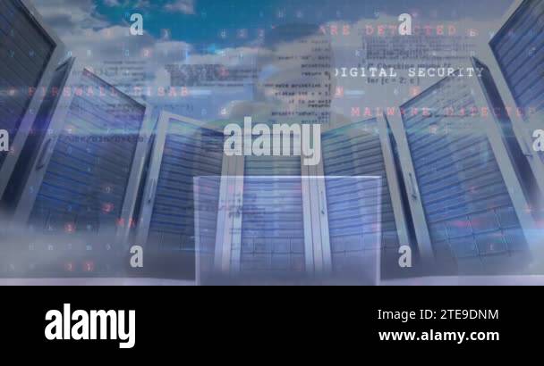 Animation of cyber attack warning over hacker in server room. global internet security ...