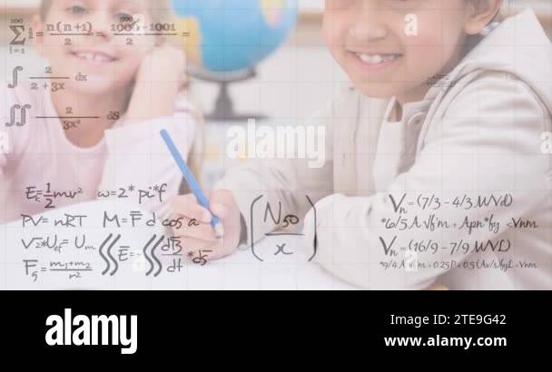 Question mark symbol and mathematical equations against diverse school ...