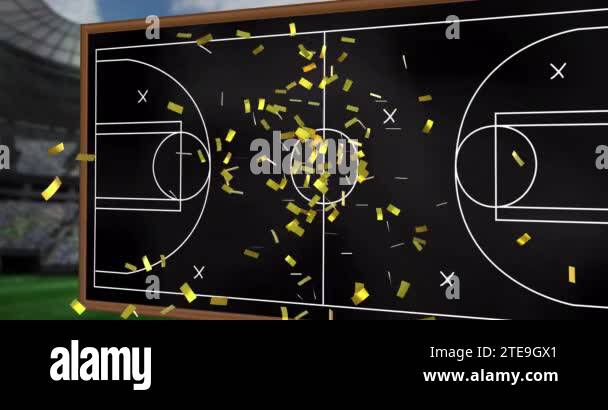 Animation of confetti falling and sports tactics on basketball court ...