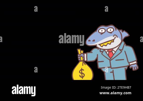 Boss shark appears on screen holding bag of money. Frame by frame ...