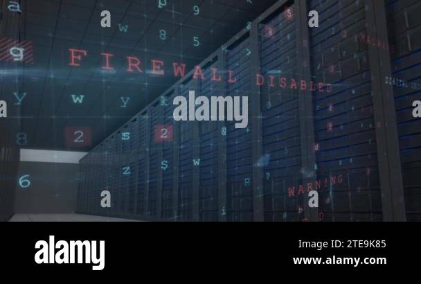 Animation of cyber attack warning with letters and numbers over server room. global internet ...
