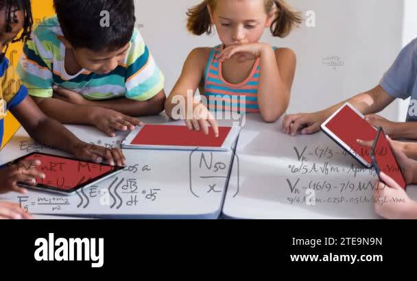 Animation of green question mark and maths equations over diverse ...