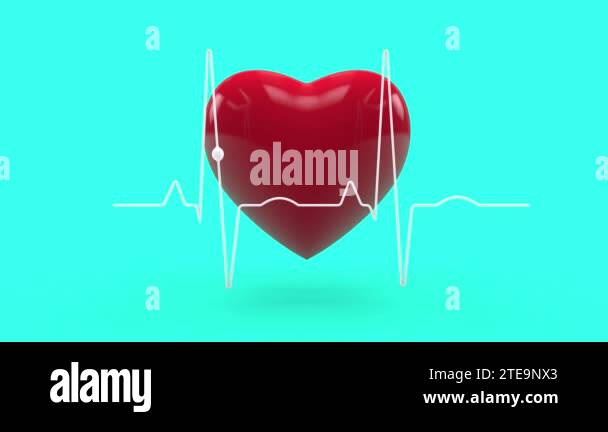 3d animation of a red heart and a cardiogram. The heart beats, then ...