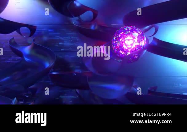 Shiny diamond sphere rolls down a futuristic vertical maze. Blue color ...