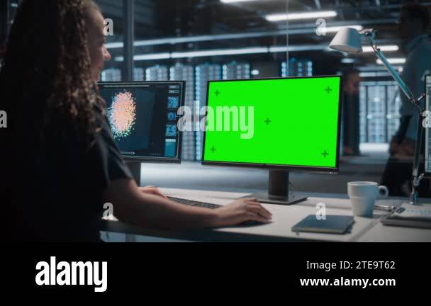Specialist Working on Green Screen Computer in Data Center Stock Video ...