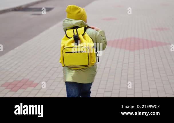 boy runs school with backpack, school classmate cheerful runner ...