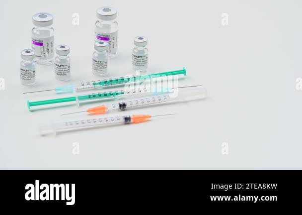 Vaccine box with the vaccine COVID-19 mRNA COMIRNATY from BioNTech and ...