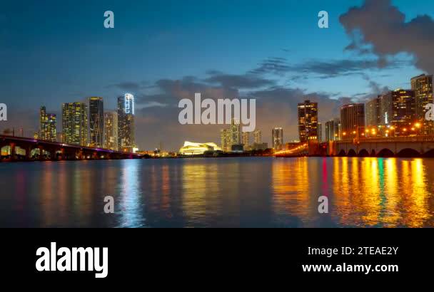 Miami panorama time lapse. Night sky timelapse on Miami beach city ...