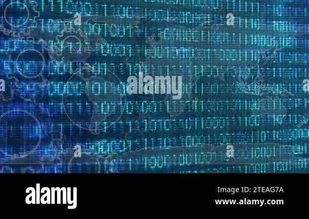 4K Digital Technology World Map Gear Binary Code Background. Analytics Source Code Program ...