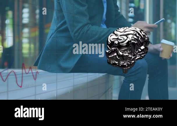 Animation of data processing and silver brain over biracial man using ...