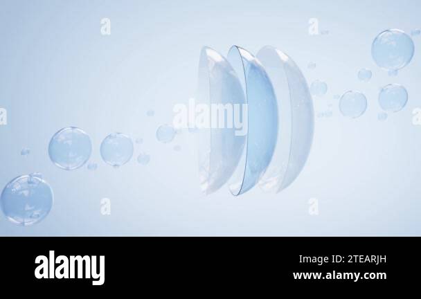 3d animation, contact lenses in water surface with air bubbles on blue ...