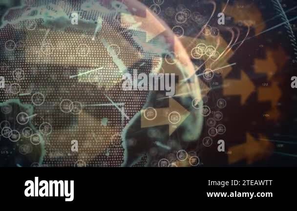 Animation of icons, lights and globe rotating in yellow and black space ...