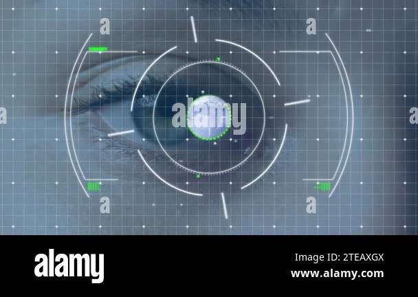 Animation of scope scanning and globe over eye of caucasian woman. global digital interface ...