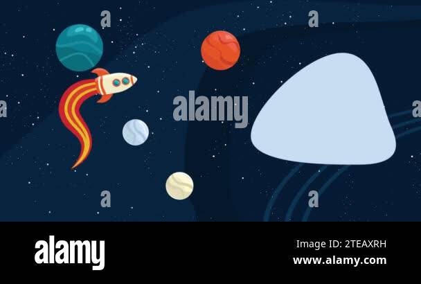 Video animation with a rocket flying in space, planets and a box for ...