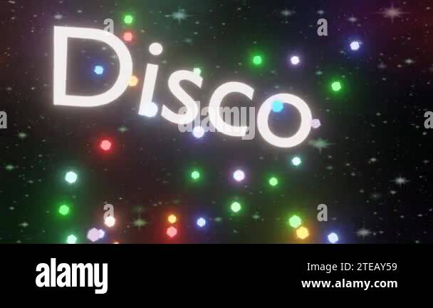 Disco white inscription moves along a curve on a space background with ...