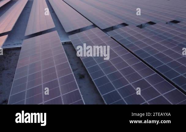 4K by drone moving over Solar Cell in the Solar Farm. Concept of ...