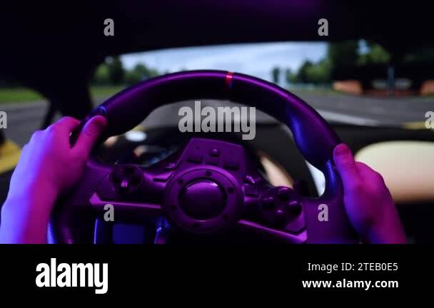 Little boy driving online racing simulator game on pc computer. Child ...