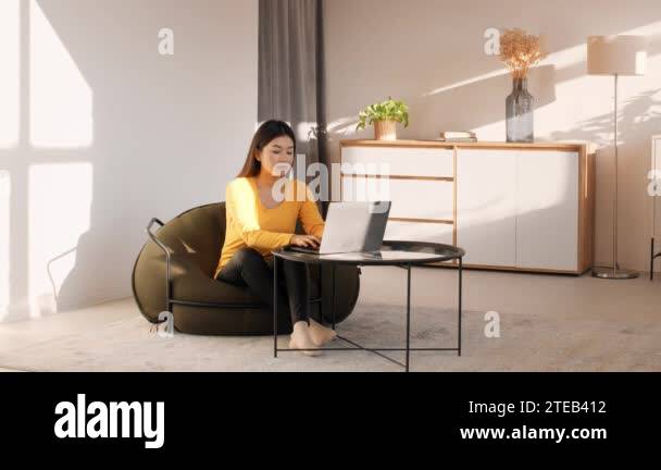 Korean Woman Typing Using Laptop Computer Sitting In Chair Indoor Stock ...