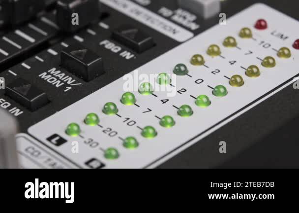 LED indicator of sound level signal on the mixing console. LED strip in ...