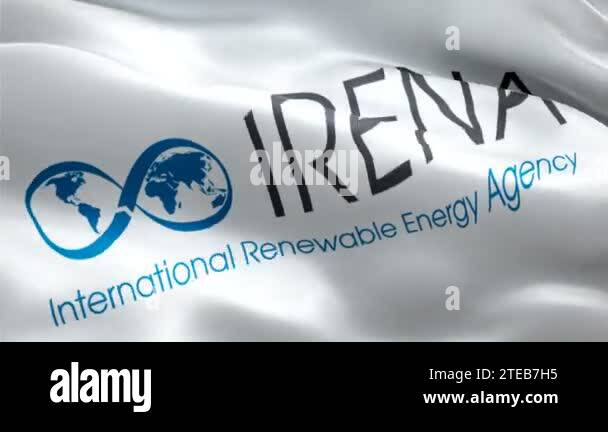 IRENA logo. National 3d International Renewable Energy Agency logo waving. Sign of IRENA ...